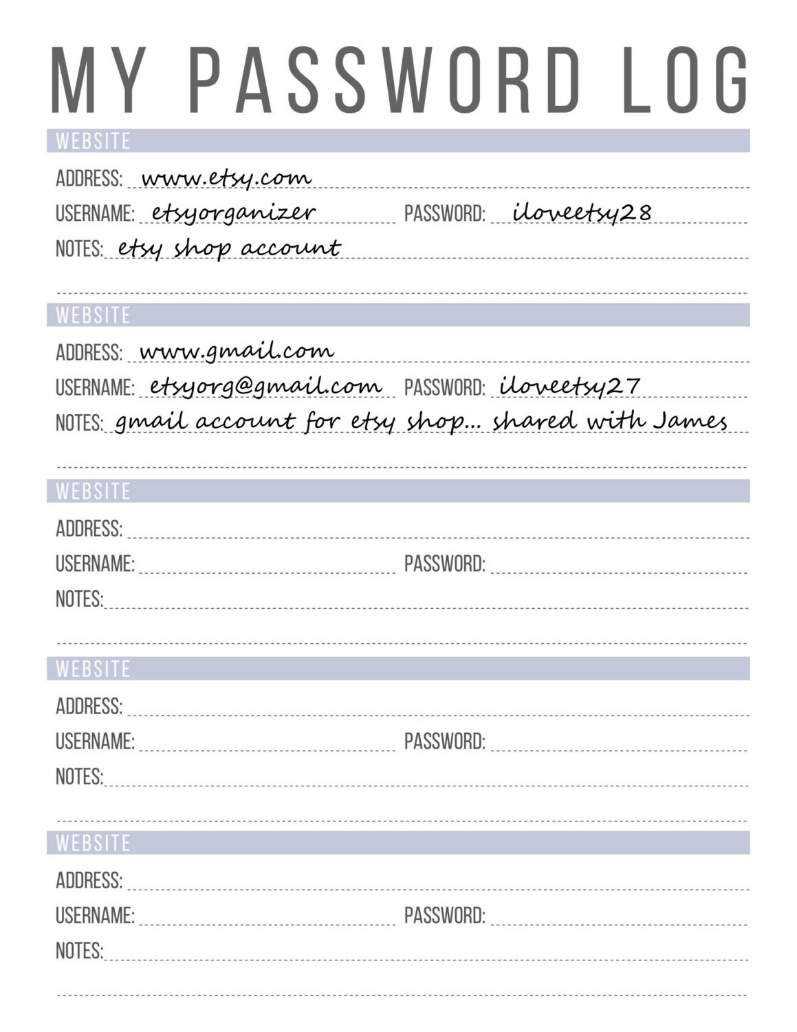 Password Log Kit Instant Download Printable DIY 6 Colors - Etsy