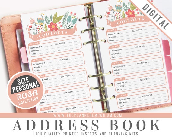 Personal Address Book Inserts - ROSA Collection - Fits Kikki K Medium ...