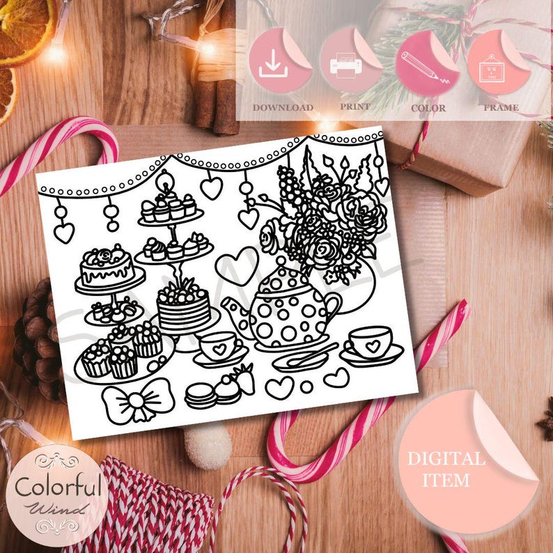 Tea Party Coloring Page Printable A4 / Letter PDF Hand Drawn Tea and ...