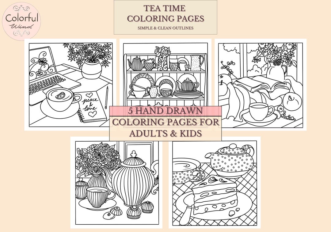 5 Tea Time Printable Coloring Pages for Adults & Kids, Hand Drawn Easy ...
