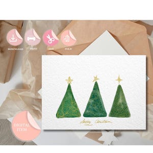 Christmas Trees Greeting Card Printable Hand Drawn Digital Watercolor ...