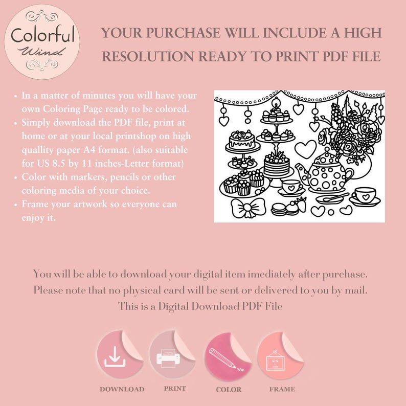 Tea Party Coloring Page Printable A4 / Letter PDF Hand Drawn Tea and ...