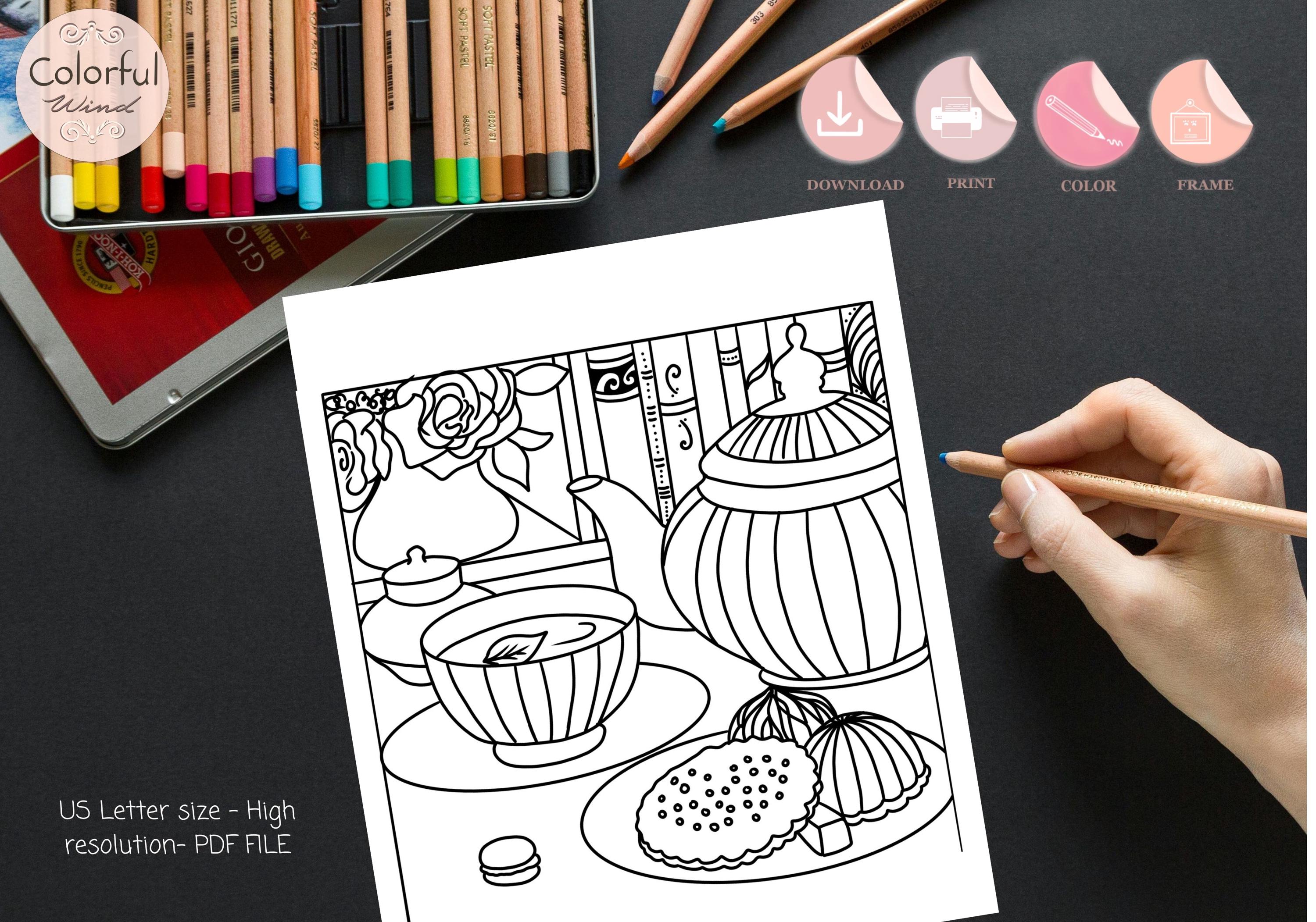 5 Tea Time Printable Coloring Pages for Adults & Kids, Hand Drawn Easy ...
