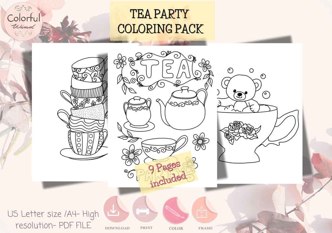 Tea Party Coloring Pack 9 Printable Activity Pages for Kids | US Letter ...
