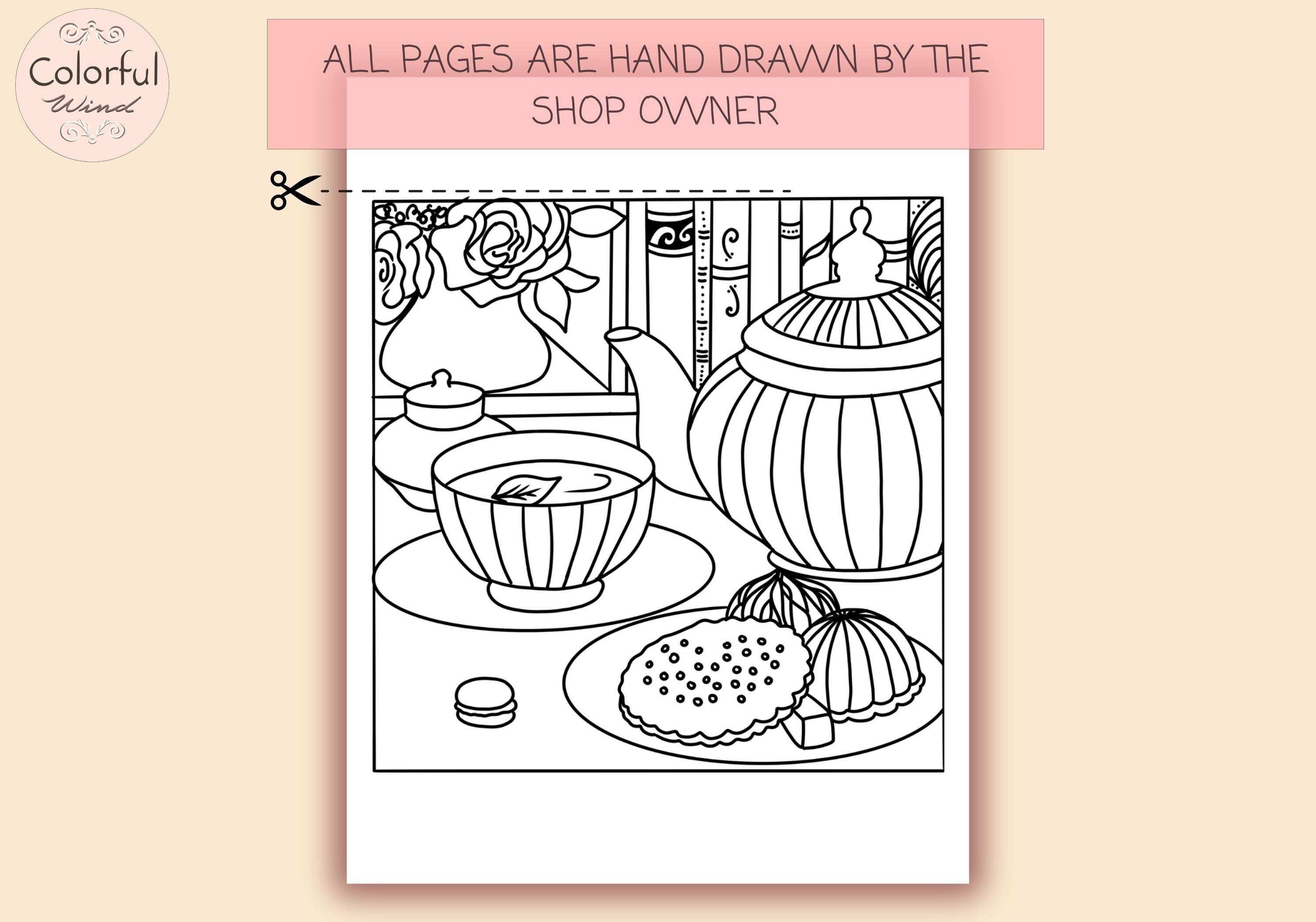 5 Tea Time Printable Coloring Pages for Adults & Kids, Hand Drawn Easy ...