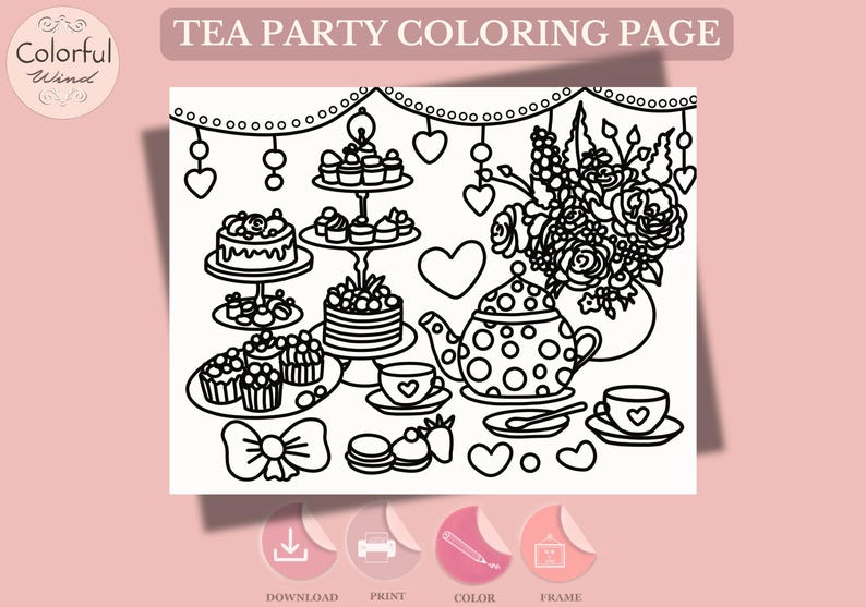 Tea Party Coloring Page Printable A4 / Letter PDF Hand Drawn Tea and ...
