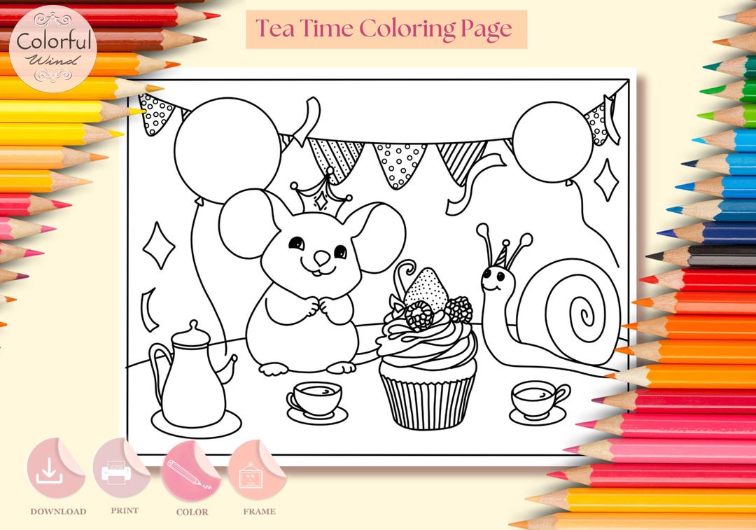 Tea Time Coloring Page for Adults and Kids Printable US Letter Size PDF ...
