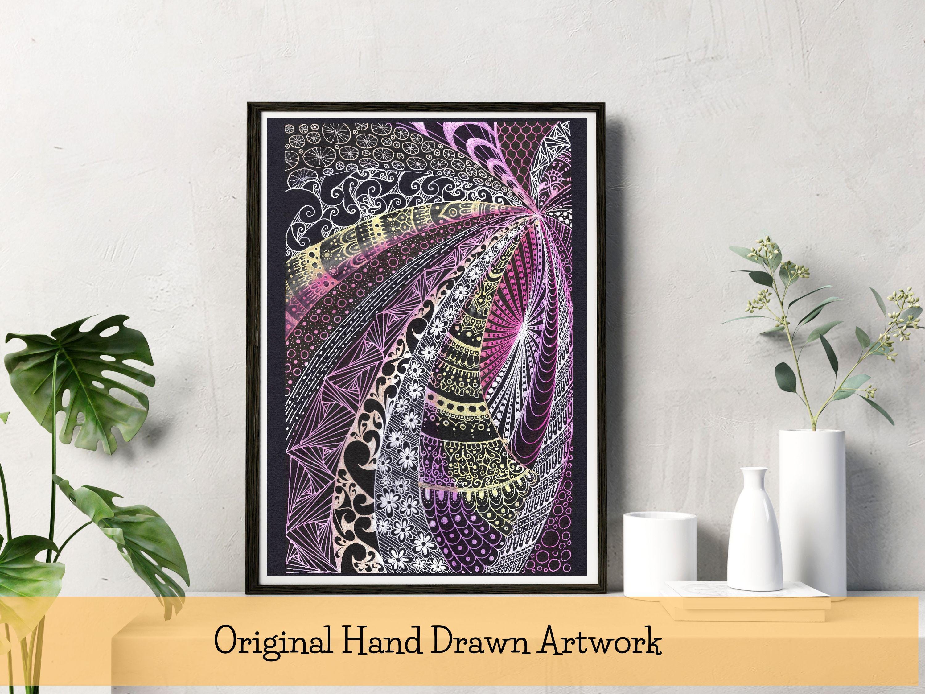 Original Zentangle Wall Art Hand Drawn Watercolor & Ink on Paper ...