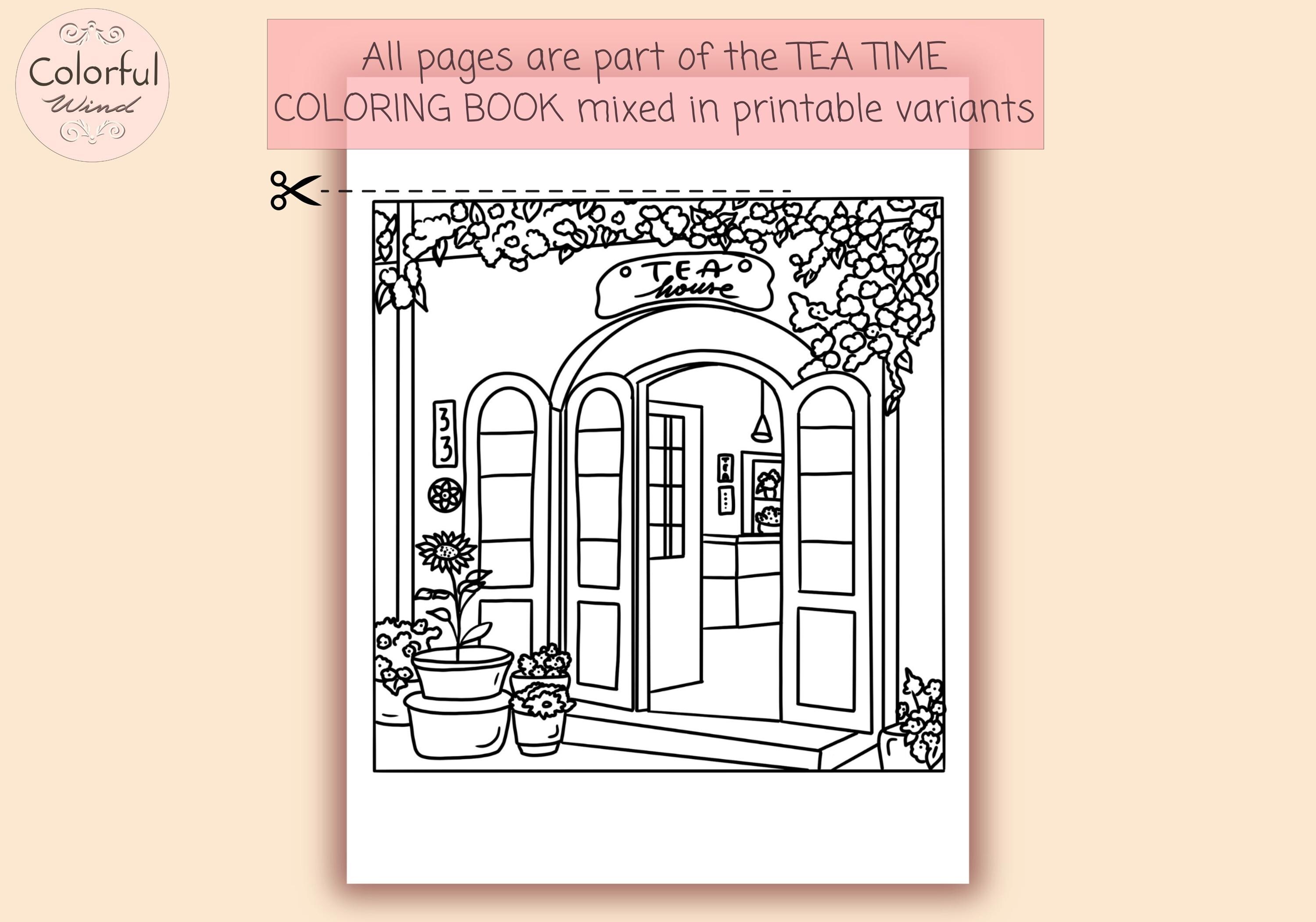 5 Tea Time Printable Coloring Pages for Adults & Kids, Hand Drawn Easy ...