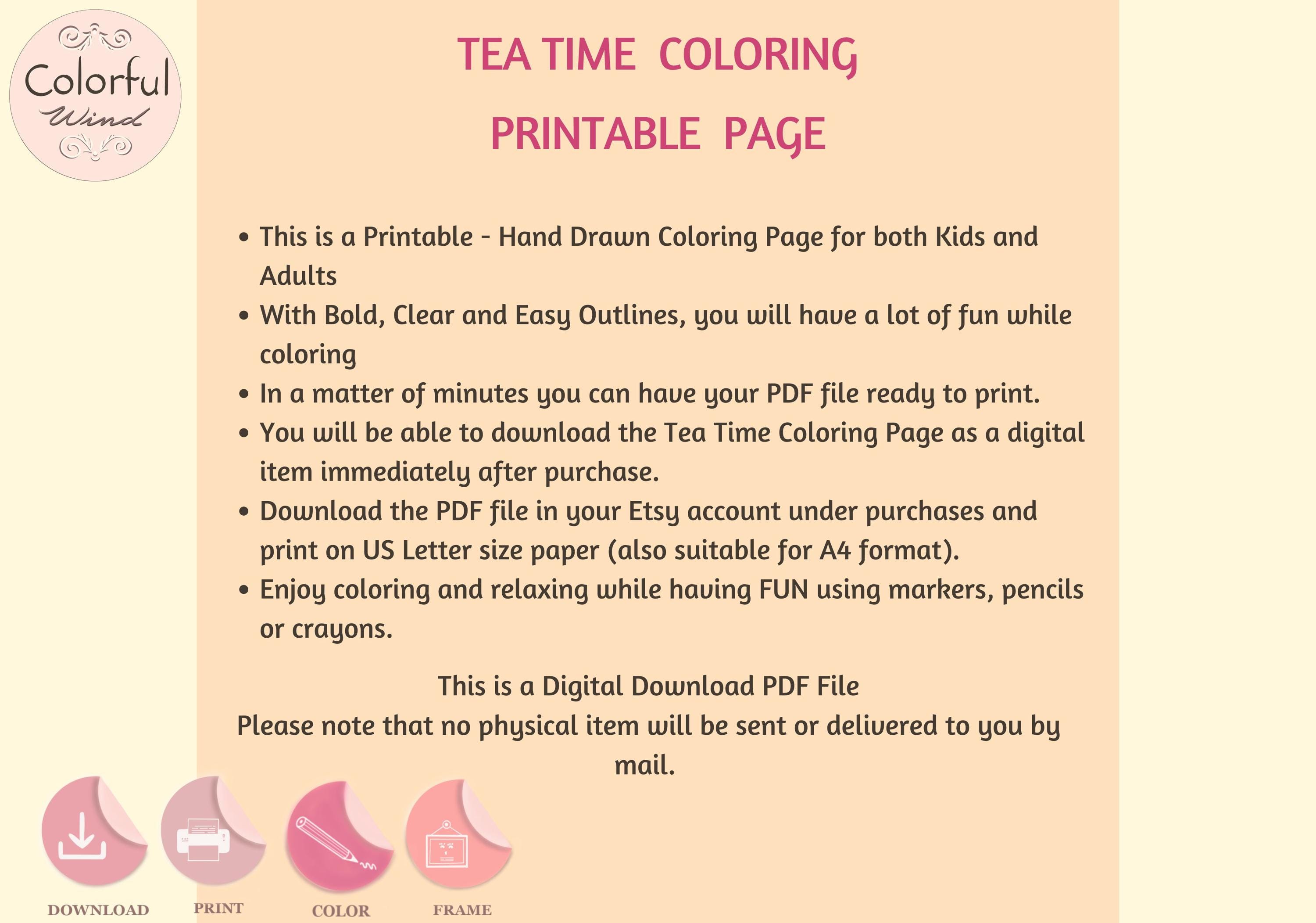 Tea Time Coloring Page for Adults and Kids Printable US Letter Size PDF ...