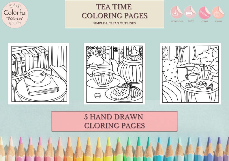 5 Tea Time Printable Coloring Pages for Adults & Kids, Hand Drawn Easy ...