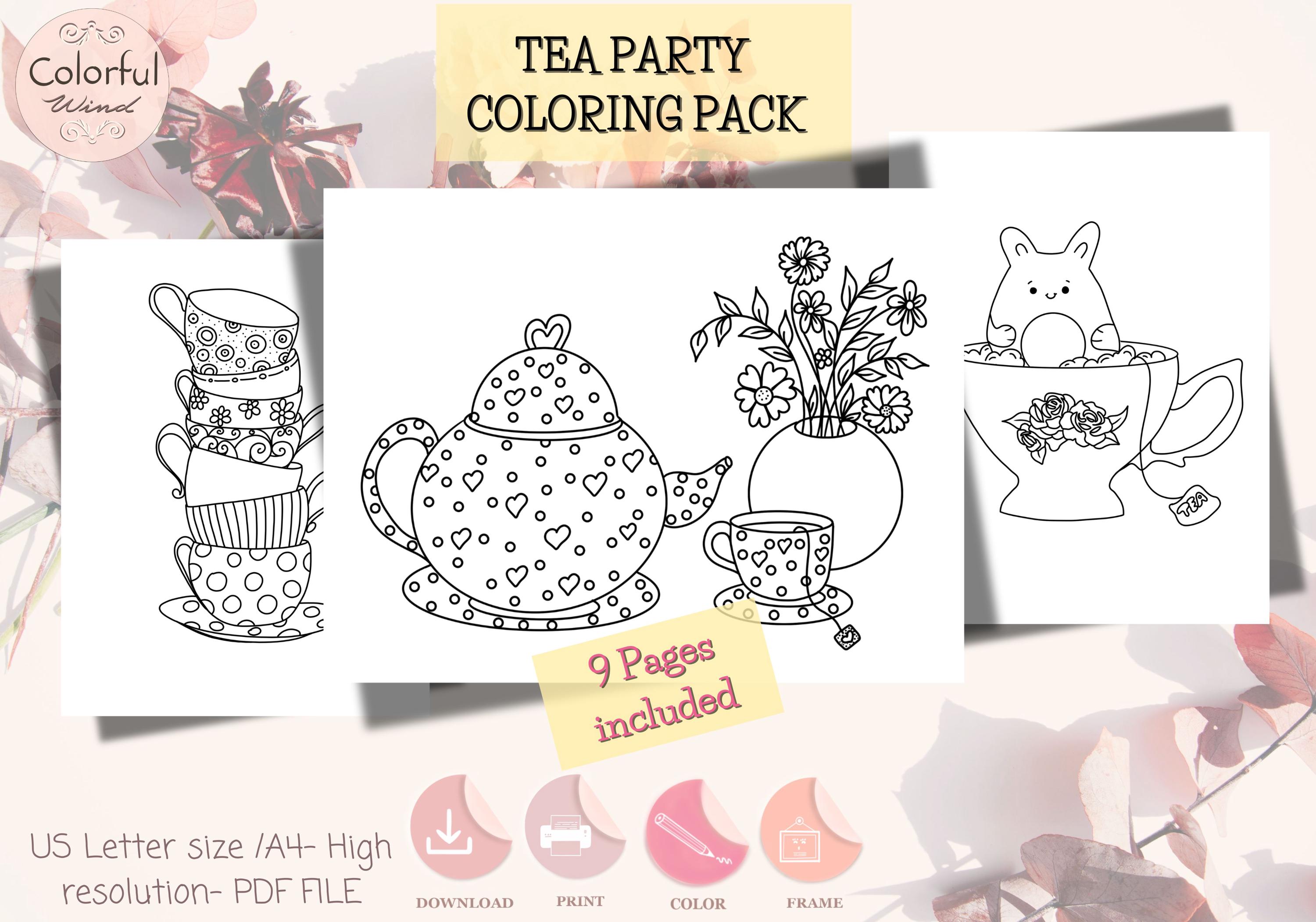 Tea Party Coloring Pack 9 Printable Activity Pages for Kids | US Letter ...