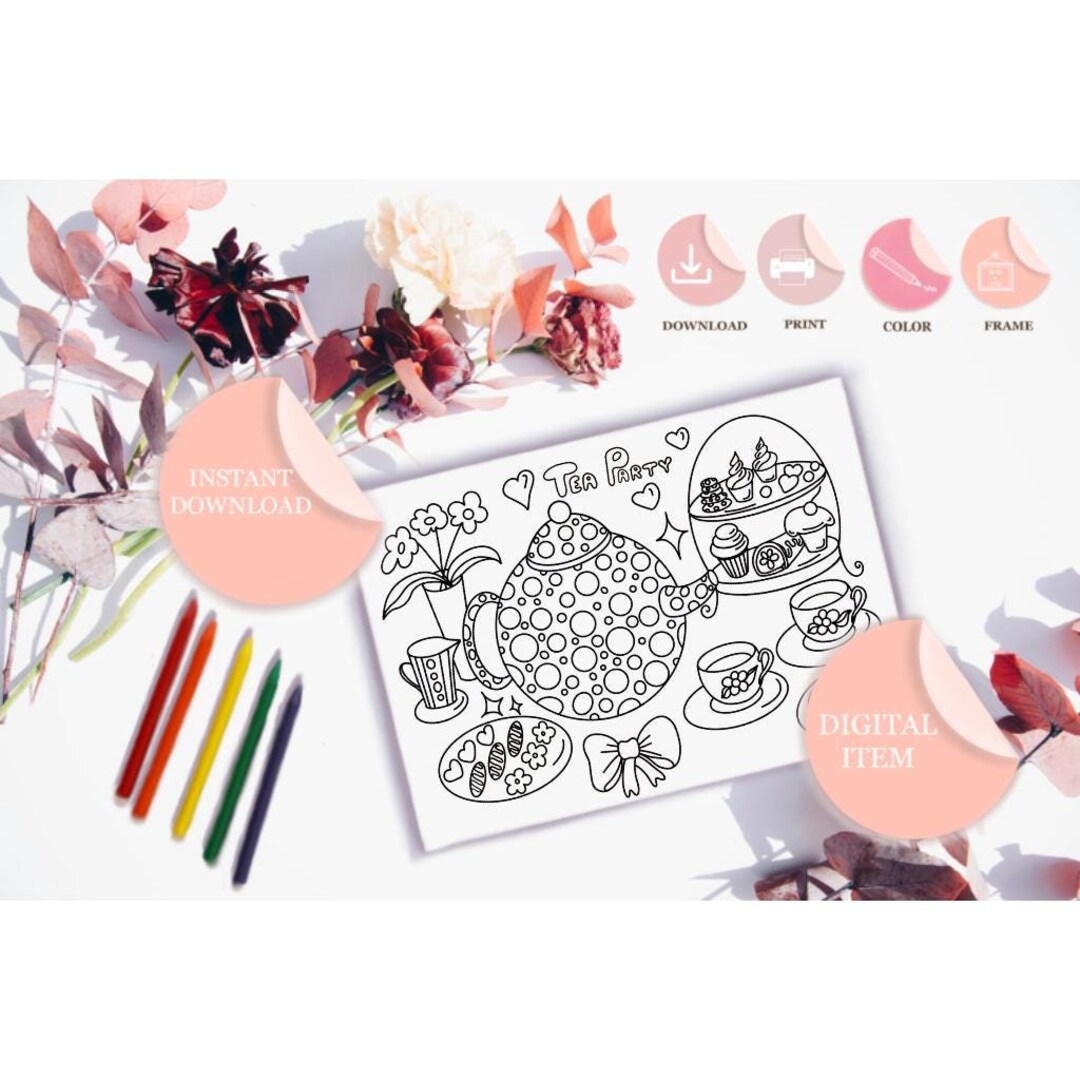 Tea Party Coloring Page for Kids | Printable A4 JPG and PDF Digital ...