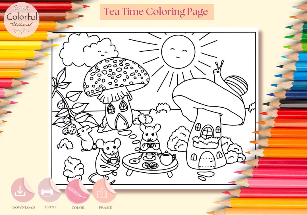 Tea Time Coloring Page for Adults and Kids Printable US Letter Size PDF ...