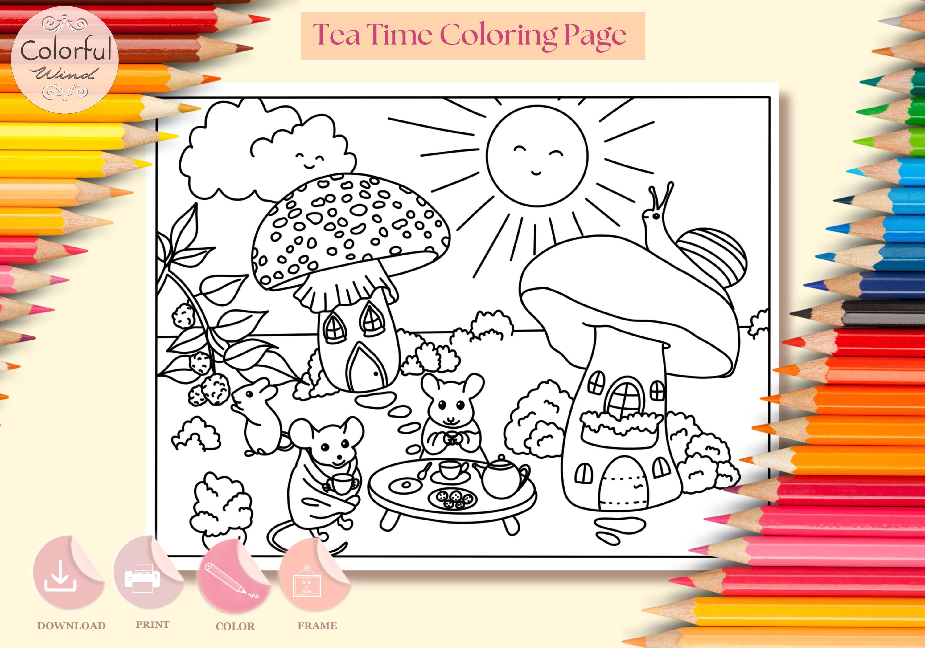 Tea Time Coloring Page for Adults and Kids Printable US Letter Size PDF ...