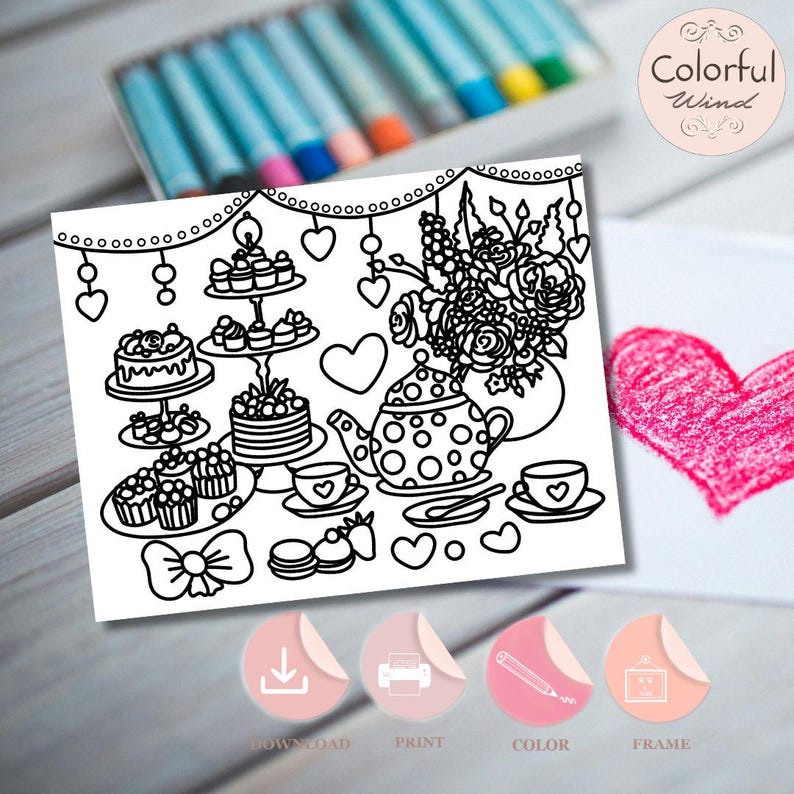 Tea Party Coloring Page Printable A4 / Letter PDF Hand Drawn Tea and ...