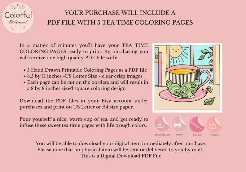 5 Tea Time Printable Coloring Pages for Adults & Kids, Hand Drawn Easy ...