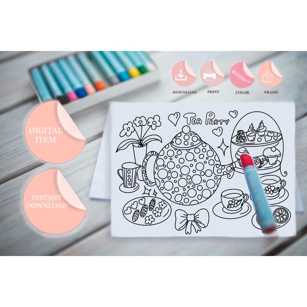 Tea Party Coloring Page for Kids | Printable A4 JPG and PDF Digital ...