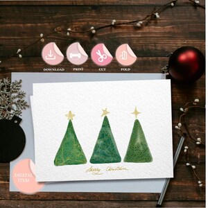 Christmas Trees Greeting Card Printable Hand Drawn Digital Watercolor ...