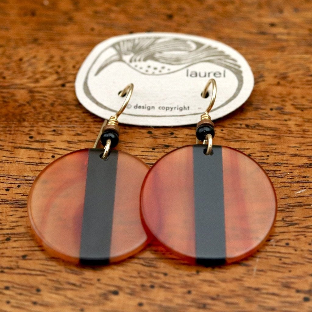 Vintage Laurel Burch Amber and Black Lucite Round Gold-plate Dangles ...