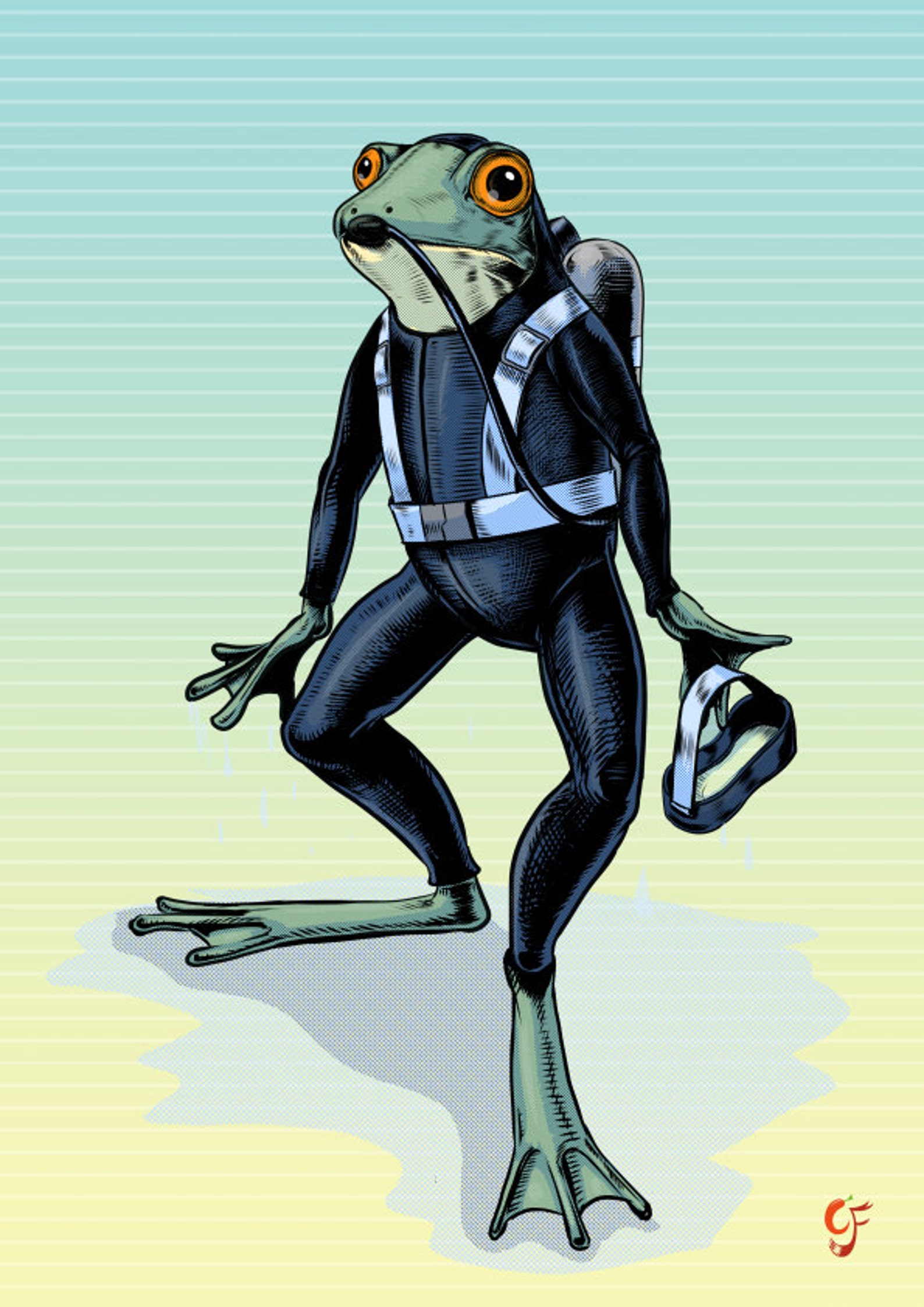 Frog Frogman Diver Hand Drawn Illustration Mounted 6 by - Etsy