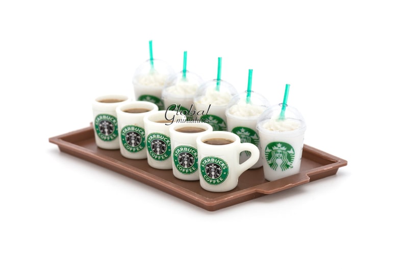 Dollhouse Miniatures Cup & Glass of Starbucks Coffee on Plastic Tray ...
