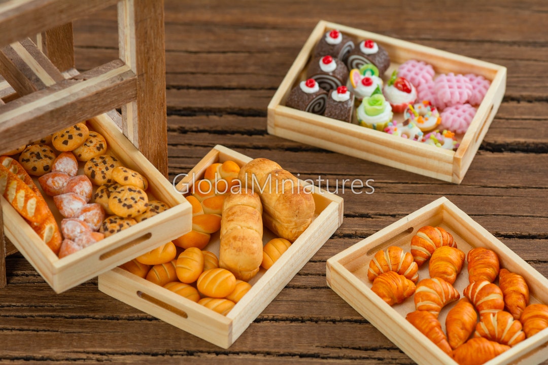 Dollhouse Miniatures Assortment of Bakery and Pastry Range on Wooden ...