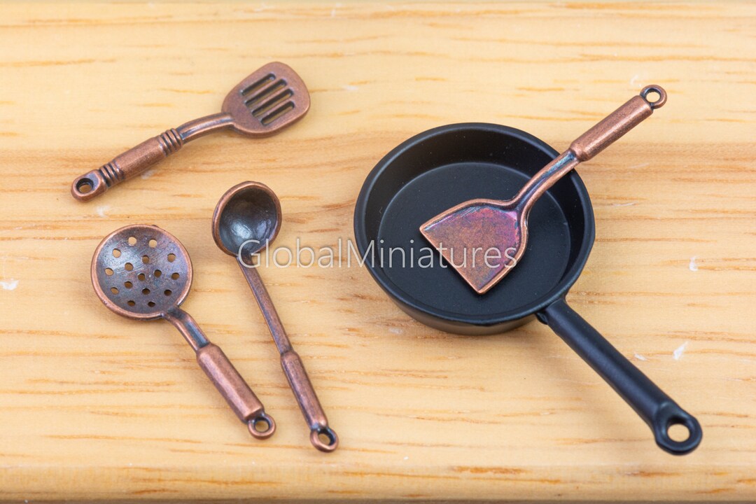 Dollhouse Miniatures Set of Bronze Cooking Tool With Matte Black Pan ...