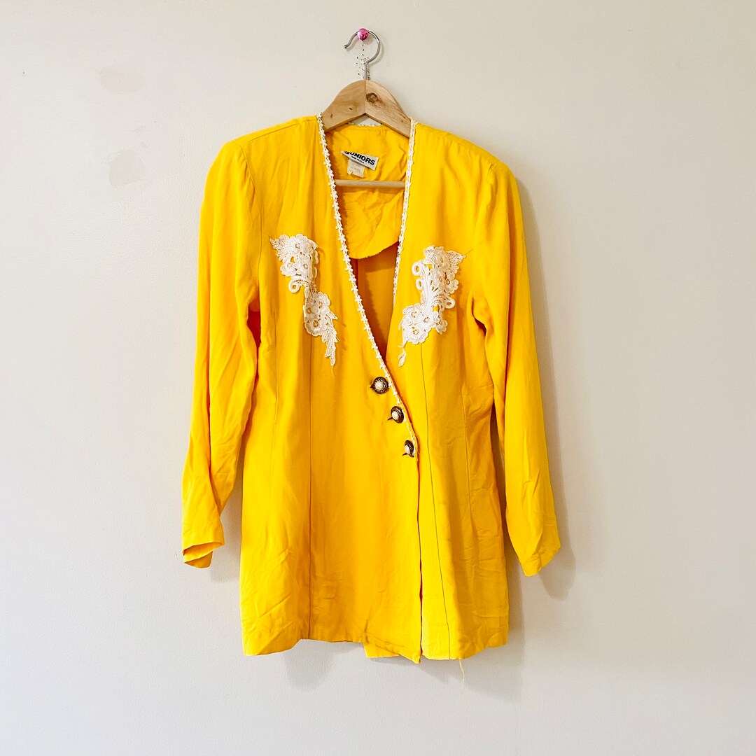 Vintage 80s Yellow Blazer Dress Long Jacket Embroidered Suit Size 11/12 ...