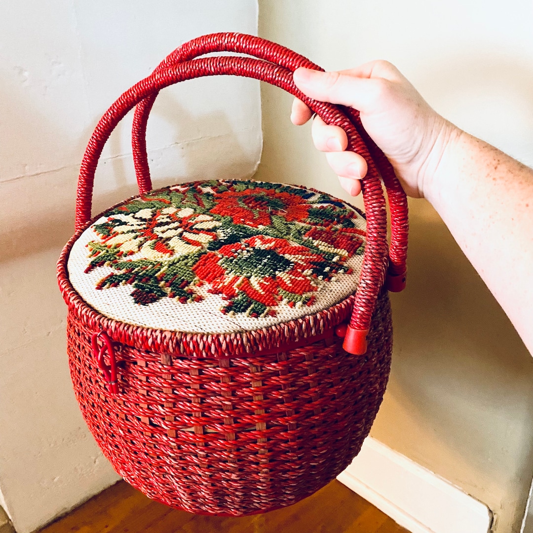 Antique Sewing Basket Red Wicker Double Handle Embroidered Lid Picnic ...