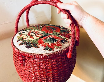 1960's Vintage MCM Wicker Sturdy Red Picnic Basket Woven - Etsy