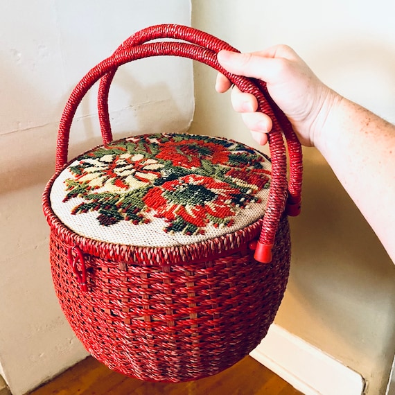 Antique Sewing Basket Red Wicker Double Handle Embroidered Lid - Etsy