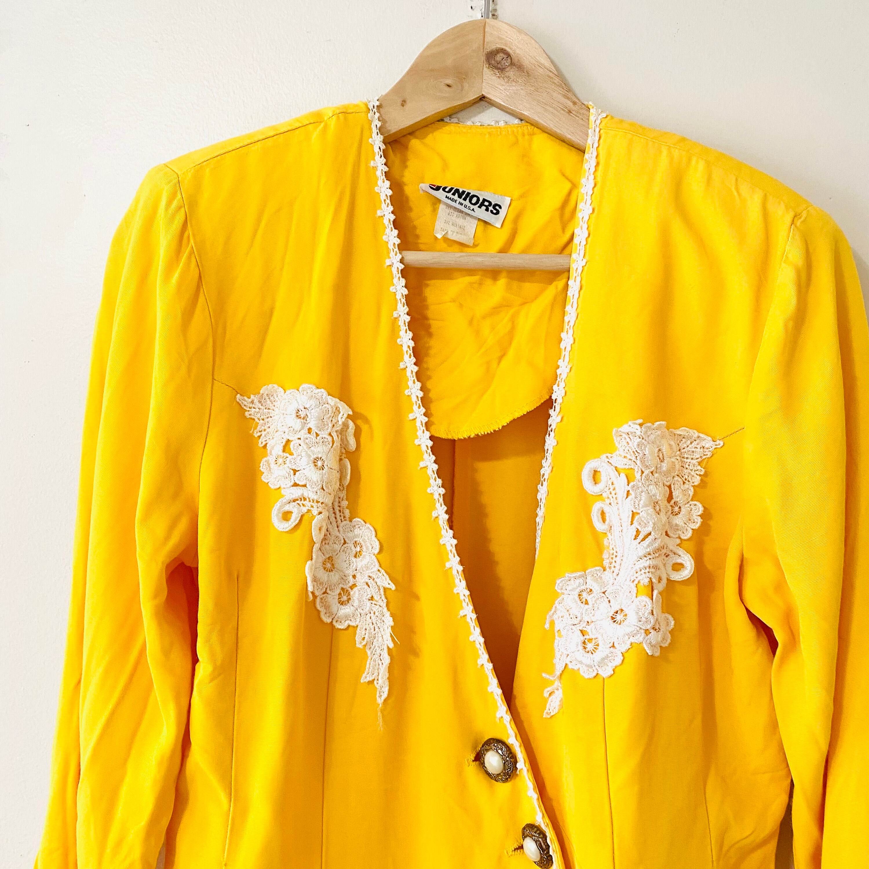 Vintage 80s Yellow Blazer Dress Long Jacket Embroidered Suit Size 11/12 ...