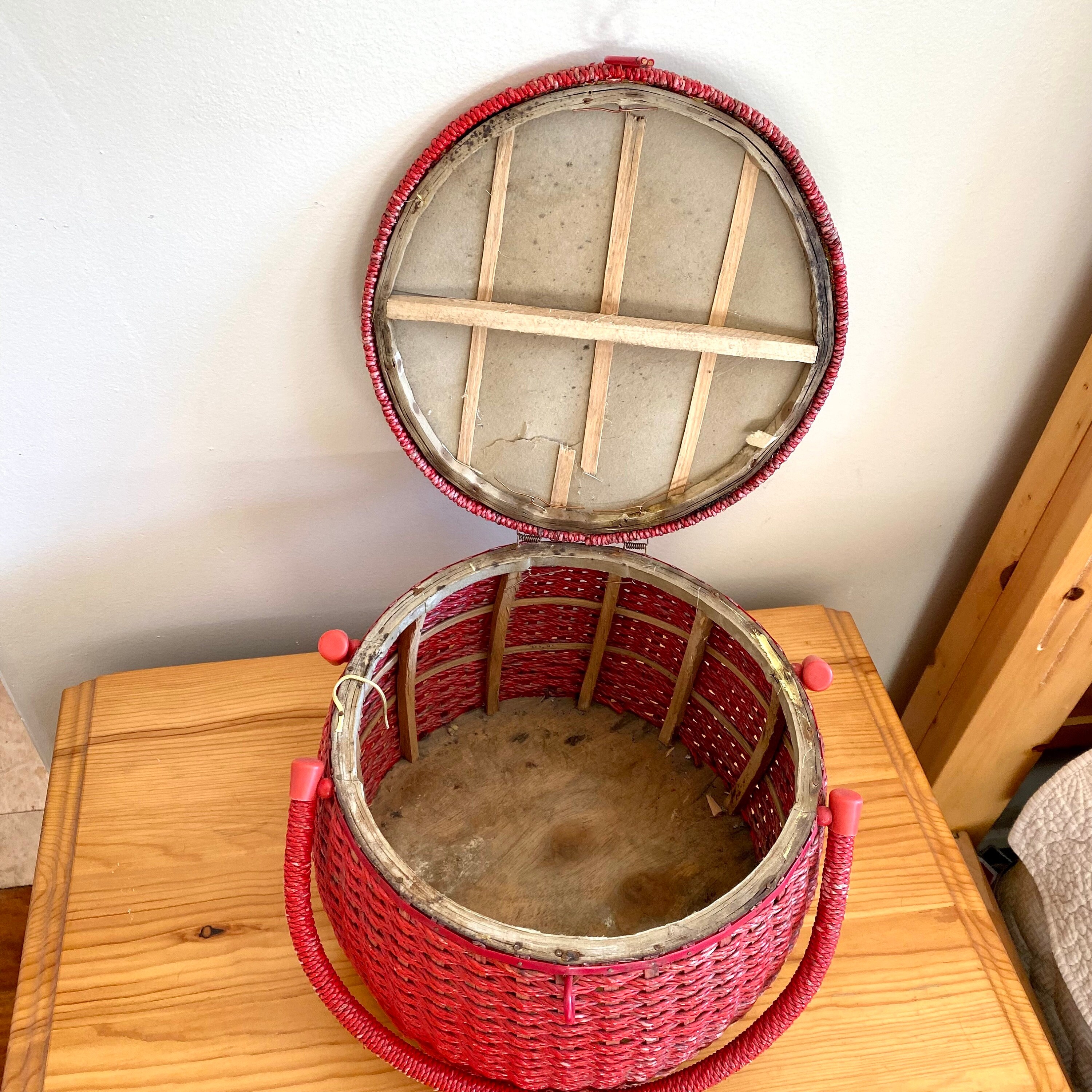 Antique Sewing Basket Red Wicker Double Handle Embroidered Lid Picnic ...