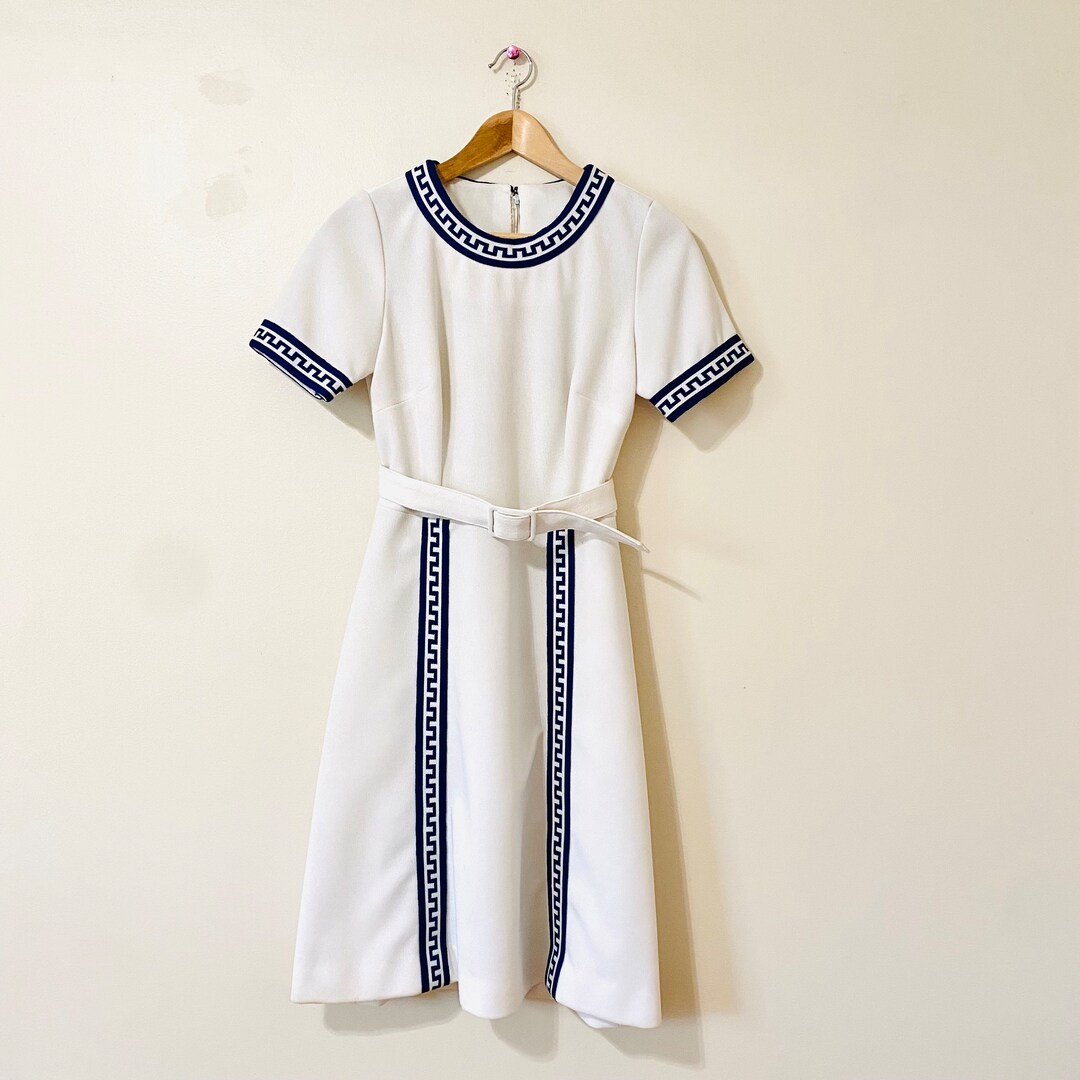 Vintage 70s A Line Dress Grecian Greek Styling White Blue Small - Mint ...