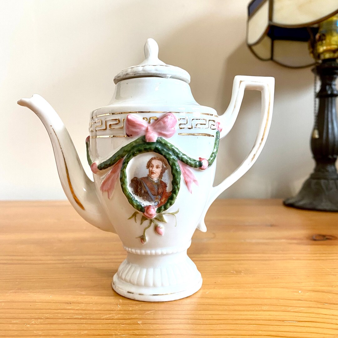 Antique 1940s Porcelain Teapot Portrait Cameo White Elegant Regal Hand ...