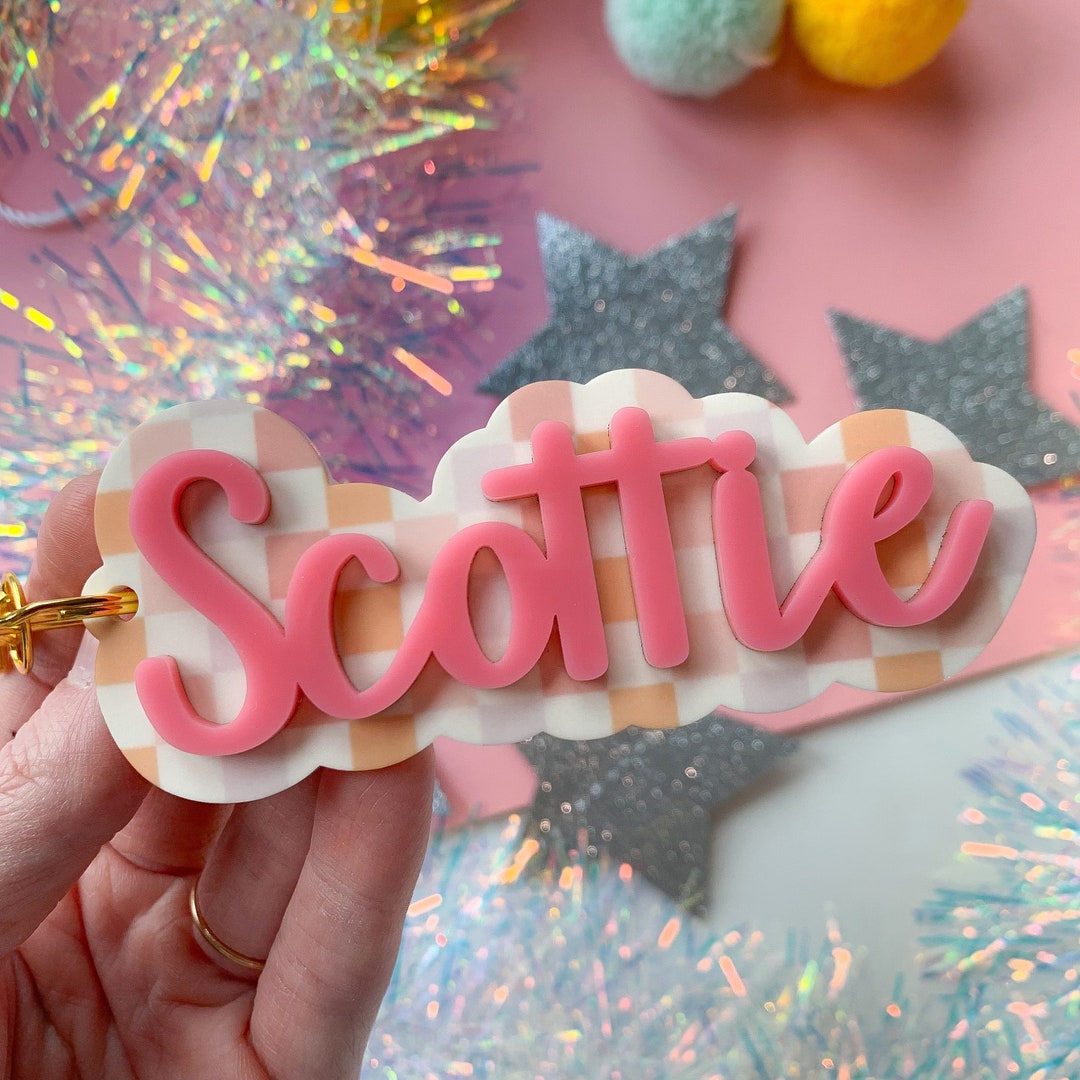 Pink Checkered Acrylic Name Keychain Bag Tag - Etsy