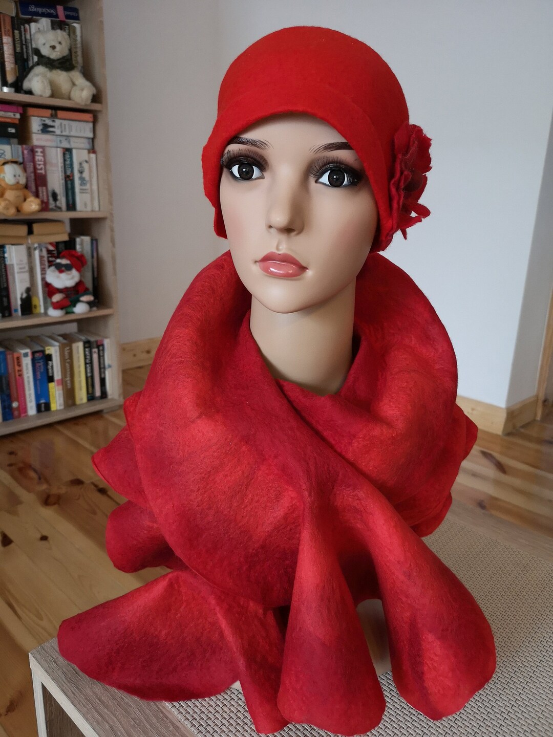 Handmade Felted Red SET Ruffle Scarf and Cloche Hat With FLOWERS, Nuno ...