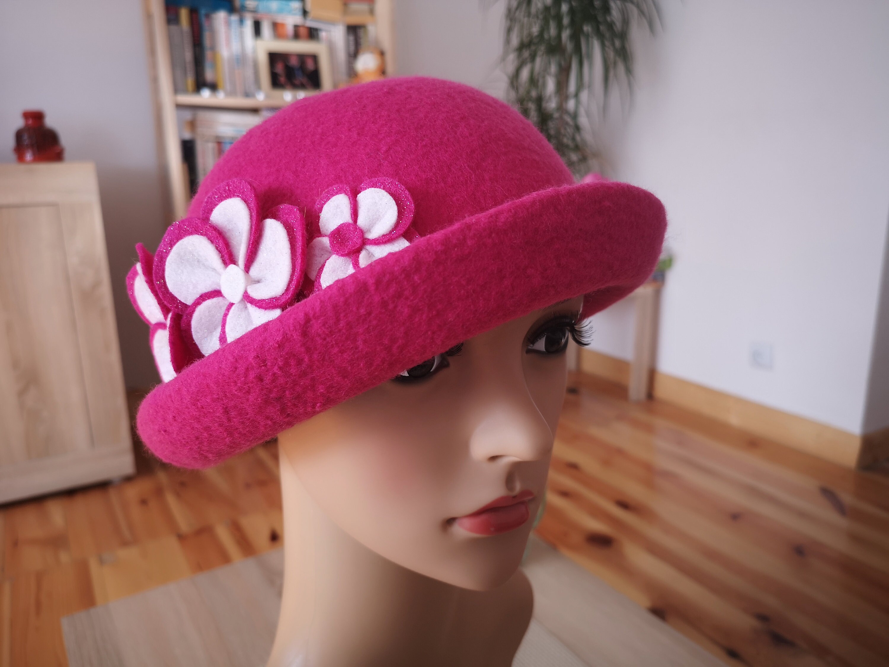 Pink bowler hat with flowers, merino wool roll brim hat, perfect gift ...