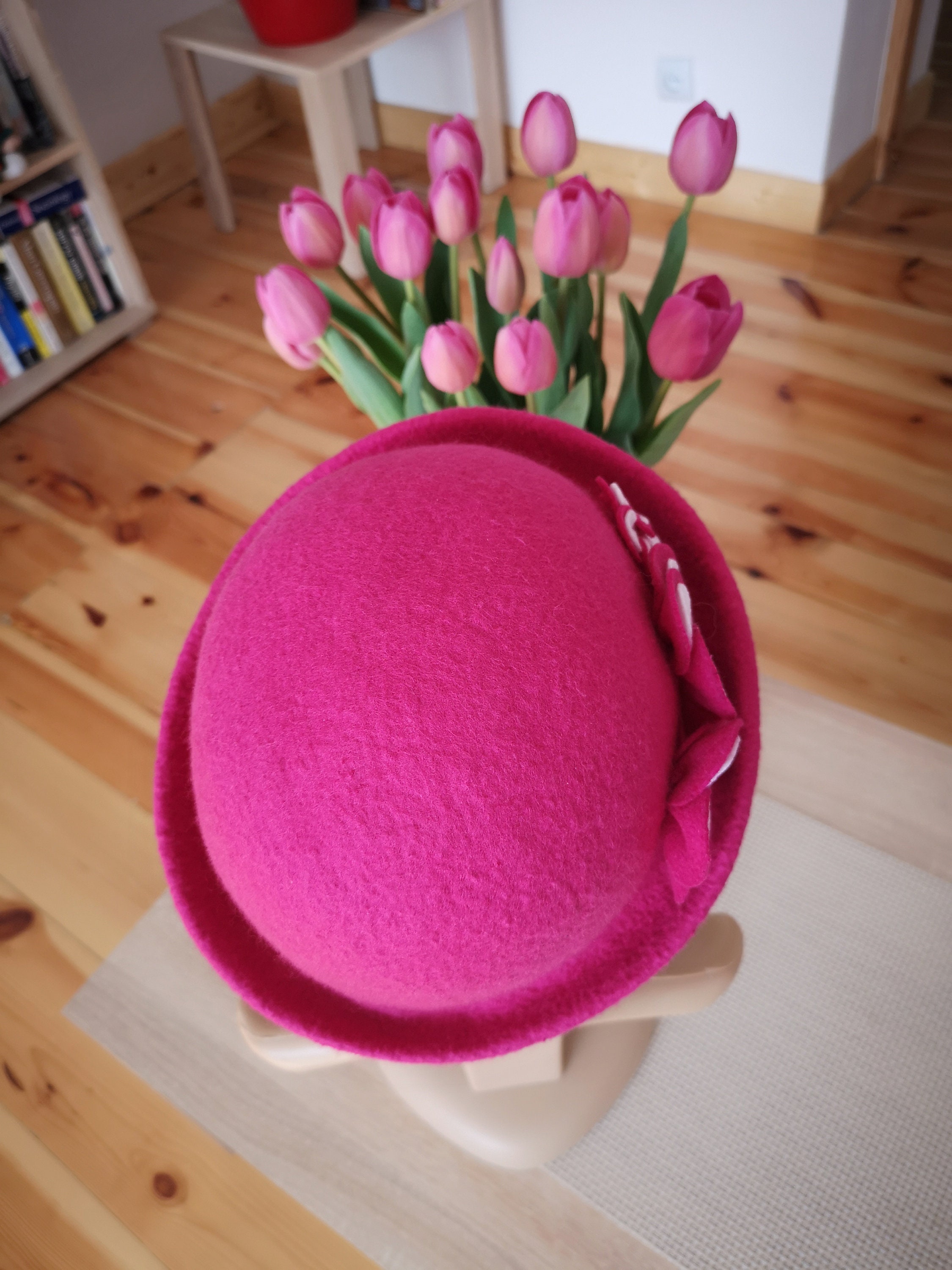 Pink bowler hat with flowers, merino wool roll brim hat, perfect gift ...