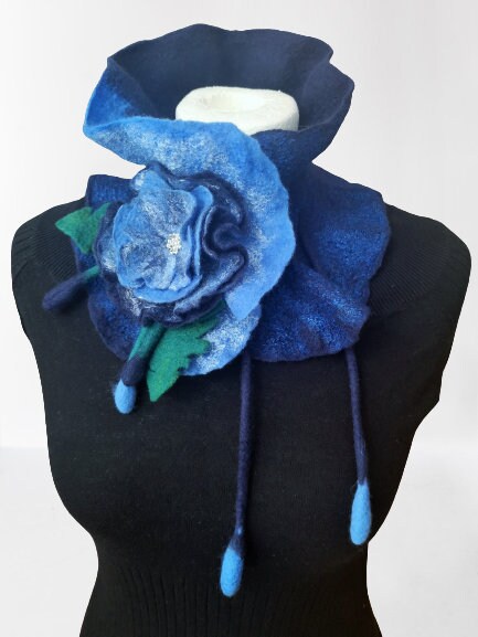 Navy Blue Ruffle Scarf for Women. Handmade Wavy Collar With Flower ...