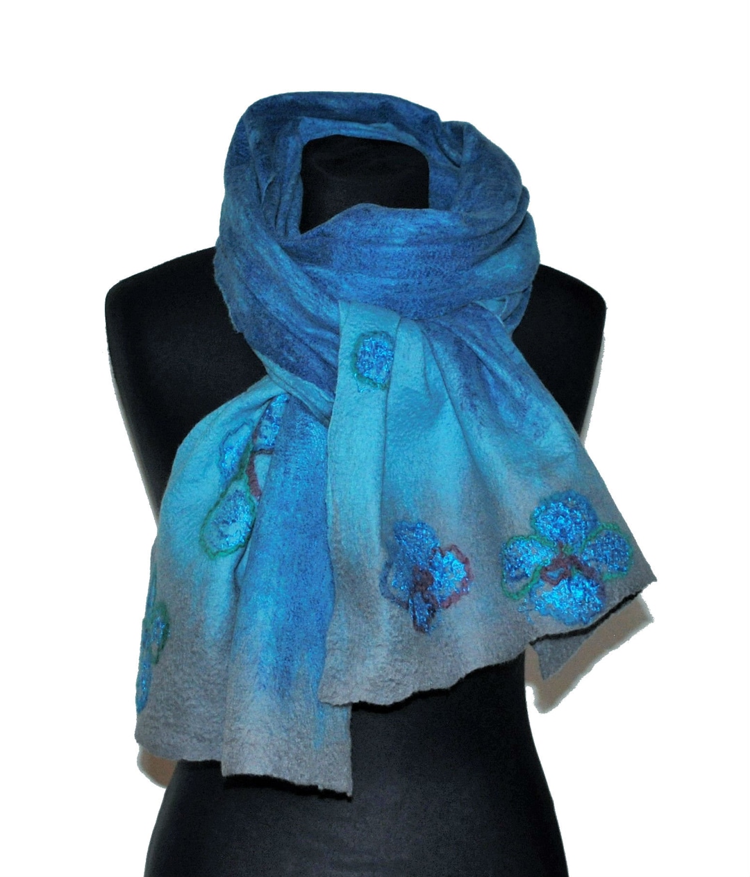 Merino Wool Scarf Blue and Grey Felted Scarf Warm Bohemian - Etsy