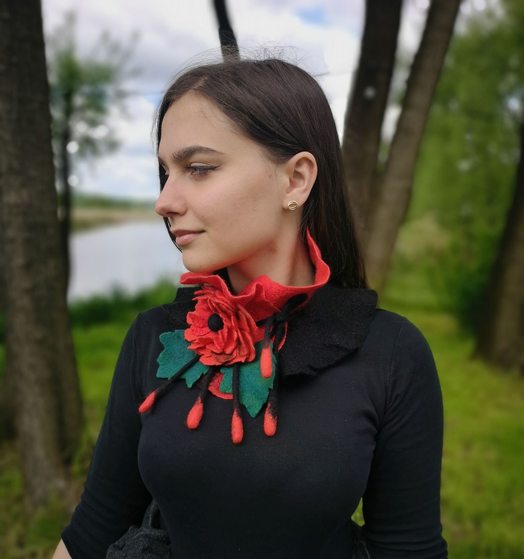 Ruffle Scarf. Fire Red and Black Wavy Neck Warmer. Ruff With Flower ...