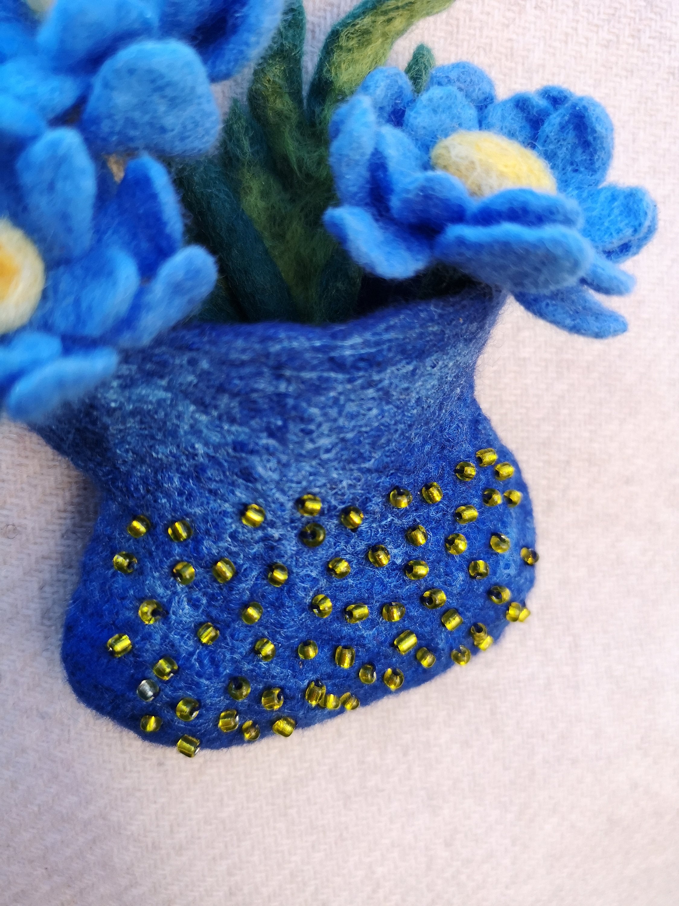 Jug of Flowers Felted Brooch, Blue Flower Pin, Wool Jewellery, Merino ...