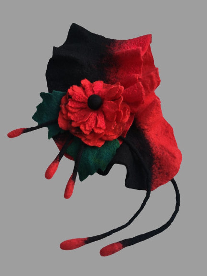 Ruffle Scarf. Fire Red and Black Wavy Neck Warmer. Ruff With Flower ...