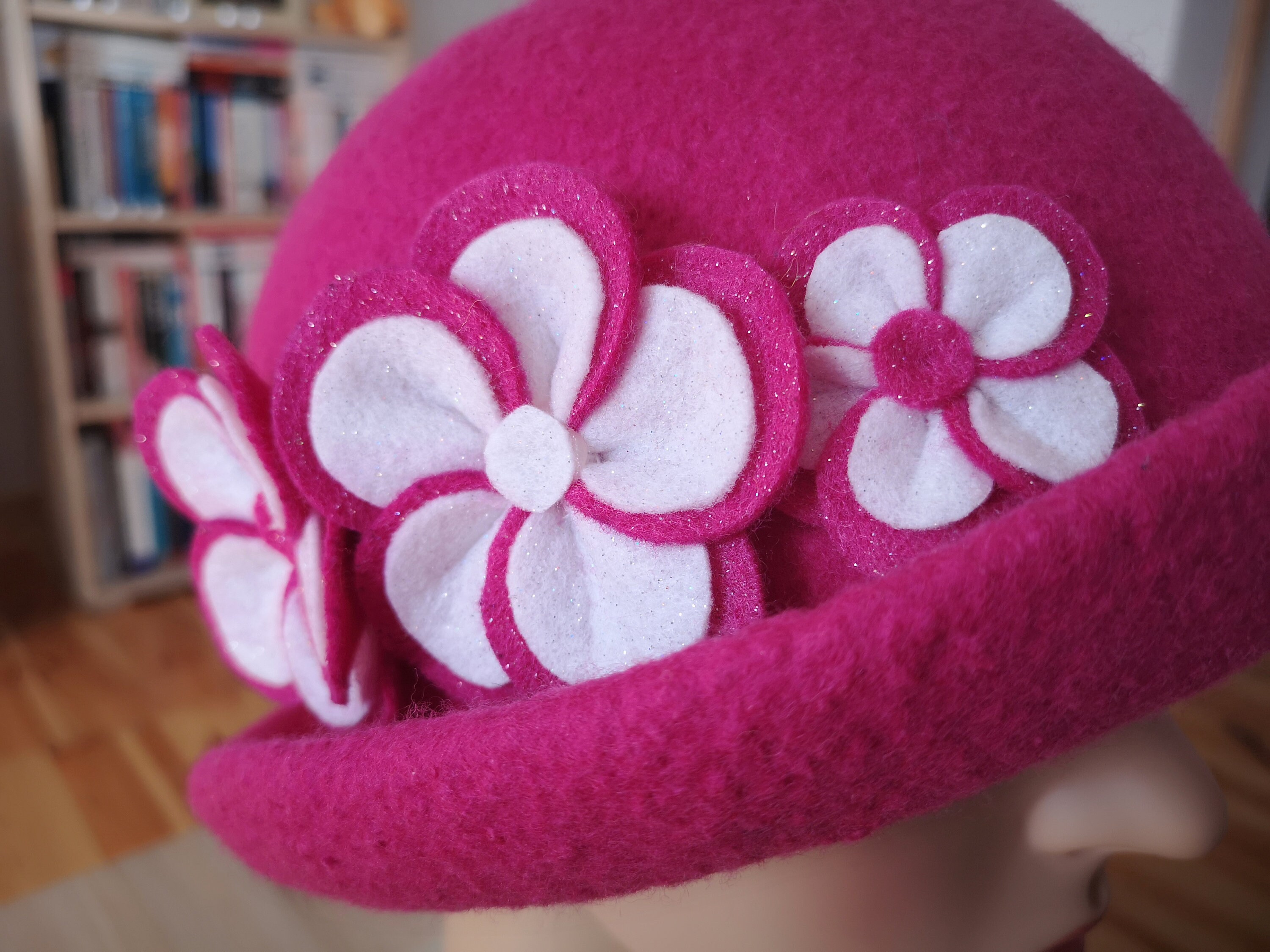 Pink bowler hat with flowers, merino wool roll brim hat, perfect gift ...