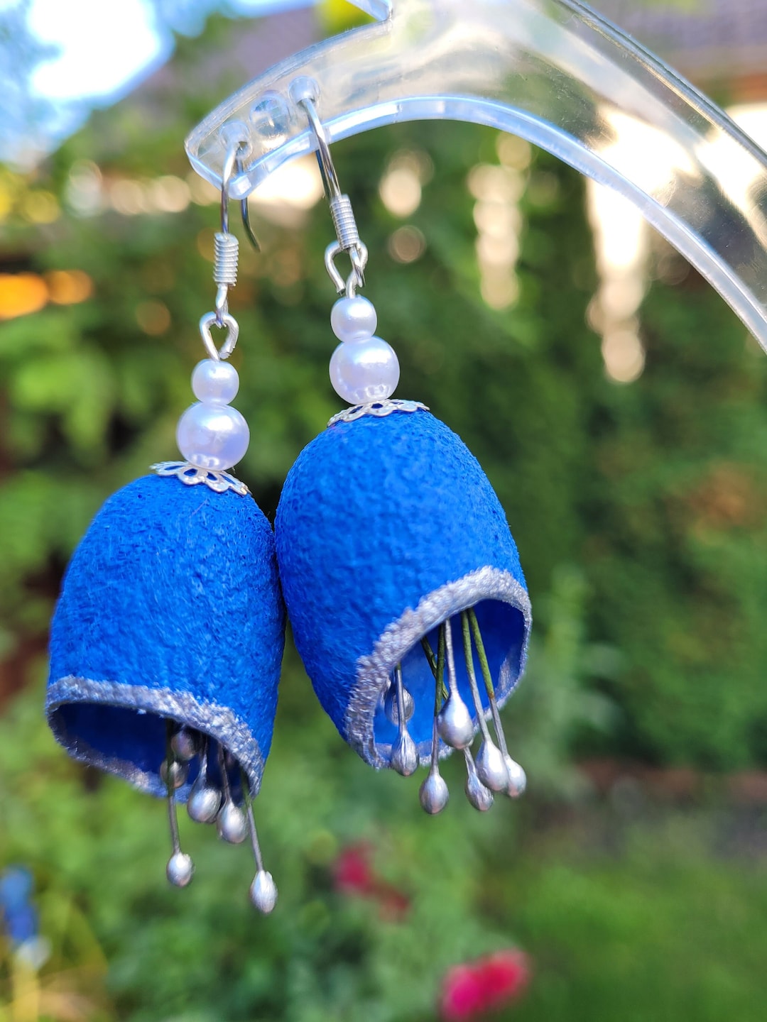 Blue Bell Flower Earrings, Silk Cocoon Dangle Earrings - Natural ...