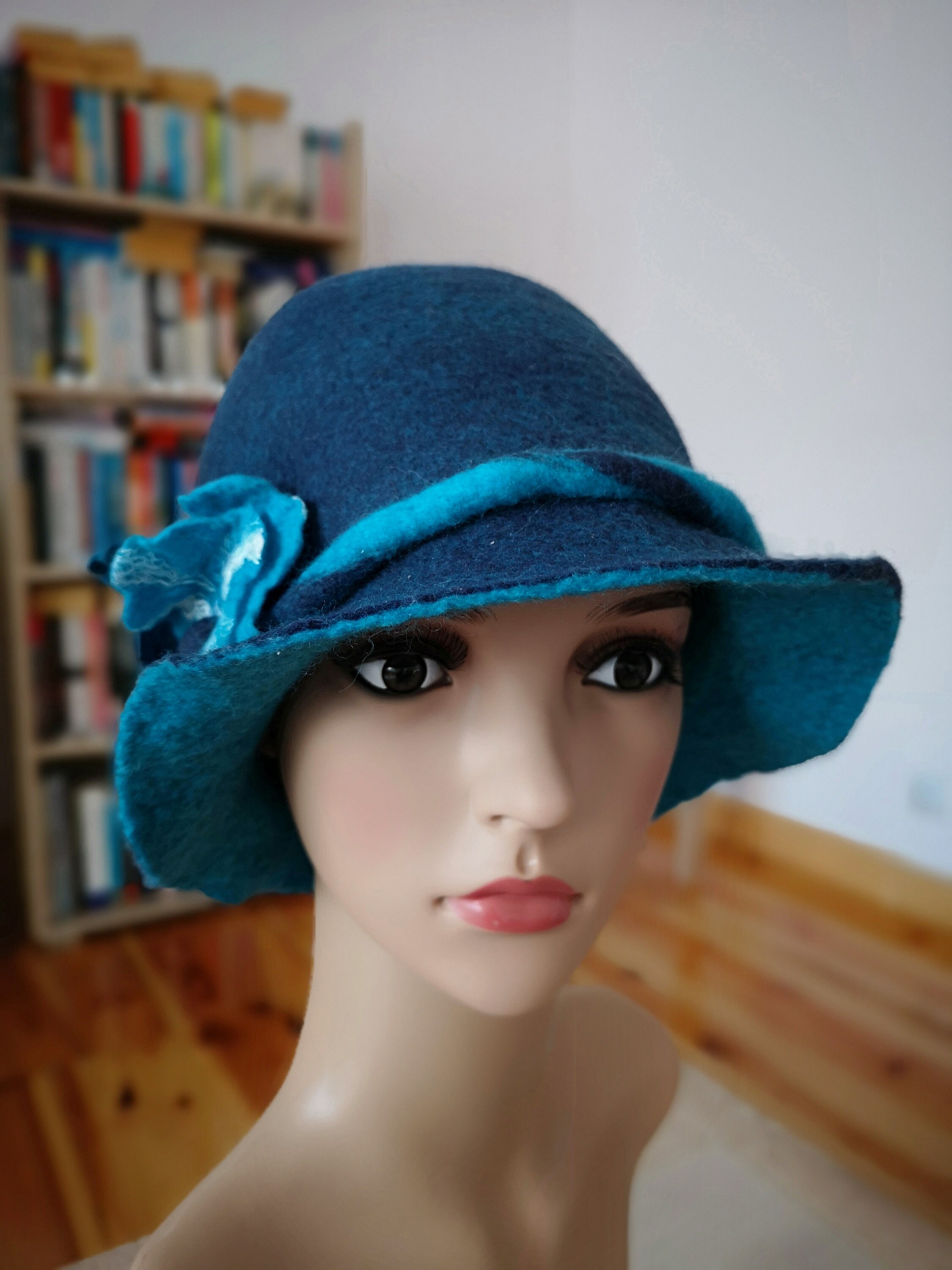 Ladies Bucket Hat, Navy Blue and Turquoise Bucket Hat With Flowers ...