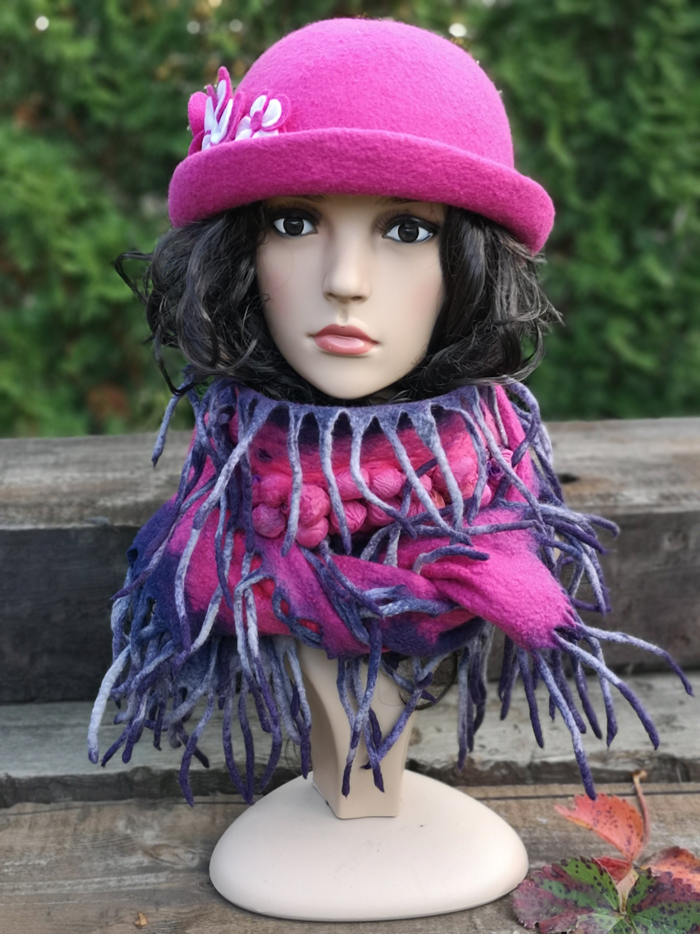 Pink bowler hat with flowers, merino wool roll brim hat, perfect gift ...