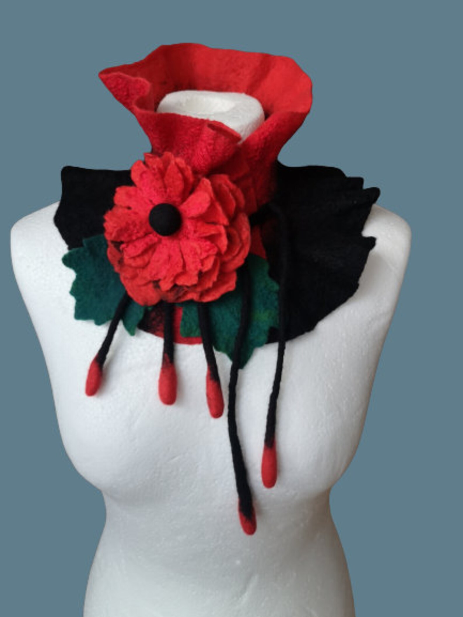 Ruffle Scarf. Fire Red and Black Wavy Neck Warmer. Ruff With Flower ...